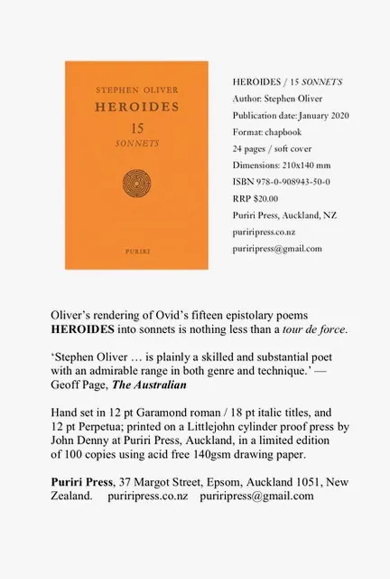 HEROIDES / 15 SONNETS by Stephen Oliver, Puriri Press, Auckland, 2020 ...